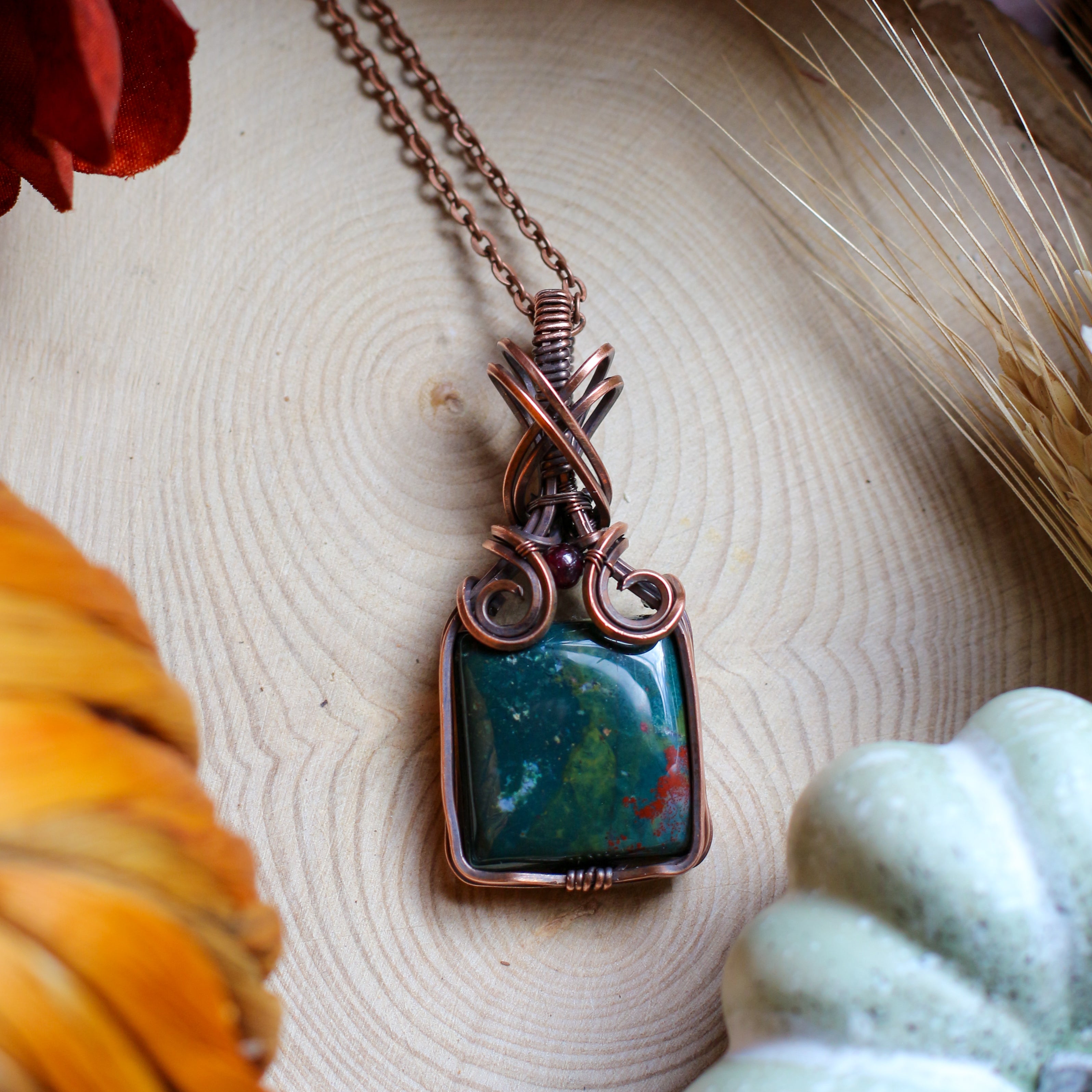 Green Bloodstone (Heliotrope) & Garnet Necklace with Aged Copper ...