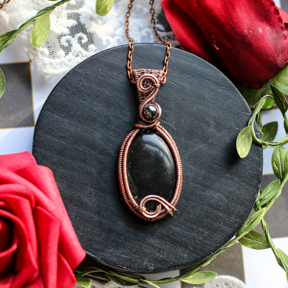 Flashy Sheen Obsidian & Hematite Necklace (Aged Copper) – Handmade By Hawes