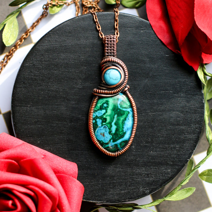 SPECIAL Malachite in Chrysocolla Necklace (Aged Copper) – Handmade By Hawes