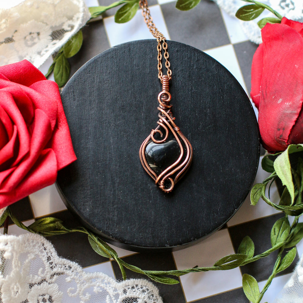 Obsidian Heart & Aged Copper Necklace – Handmade By Hawes