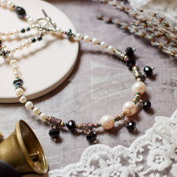 Genuine Cultured Freshwater Pearl Necklace with Black Bead Inclusions ...