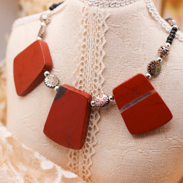 LARGE Red Jasper & Black Bead Statement Necklace – Handmade By Hawes